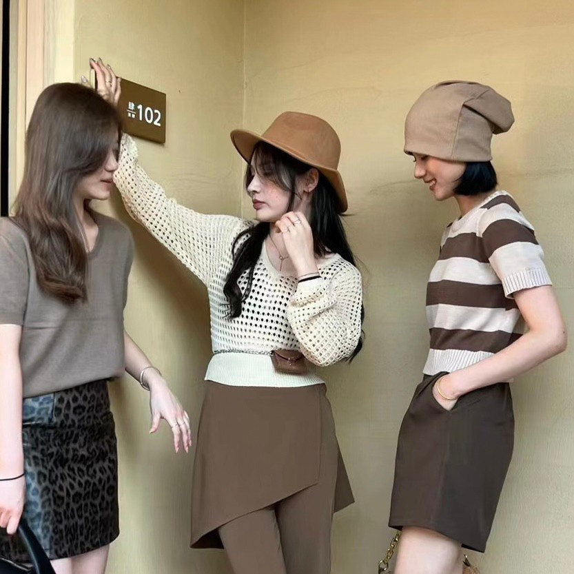 OFF SHOP พร้อมส่ง (OFF-H348) เสื้อถักไหมพรม ตาข่ายเล็กแขนยาวคอกลมใส่ง่ายมาก - off_shop1 - ThaiPick