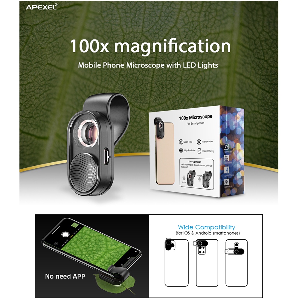 APEXEL100X microscope lens camera phone lens high magnification LED ...