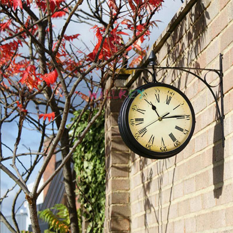 Outdoor Wall Clock Double Side Station Clocks Retro Outside Bracket ...