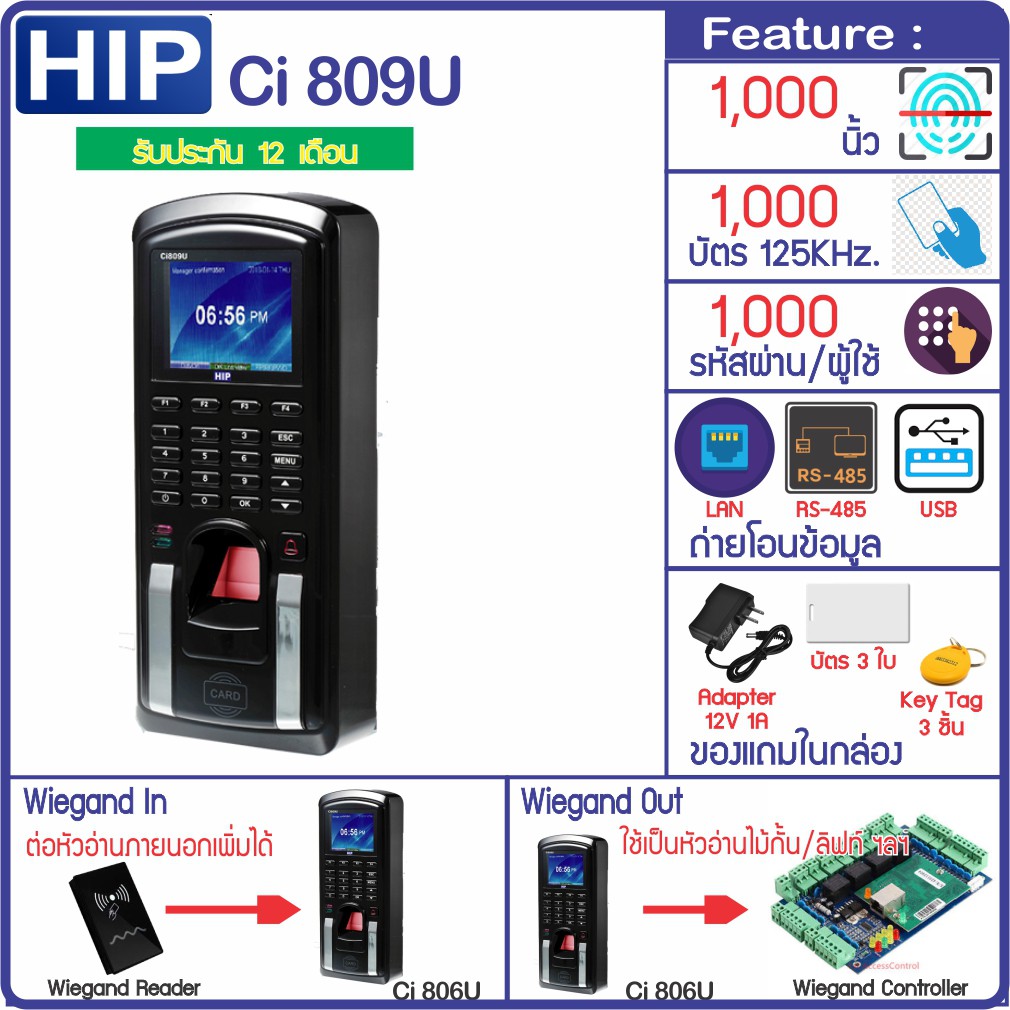 HIP Ci809U สแกนนิ้ว ทาบบัตรบันทึกเวลาและเปิดประตู Wiegand Out Time Zone ...