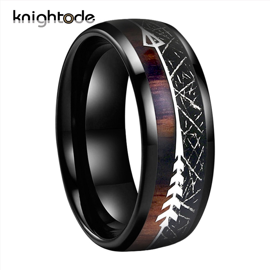 Black Meteorite/Koa Wood Unique Texture Inlay Black Tungsten Carbide ...