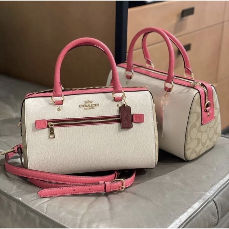 (สด-ผ่อน) กระเป๋าทรงหมอน 10 นิ้ว สีขาวสายชมพู COACH C4081 ROWAN SATCHEL ...