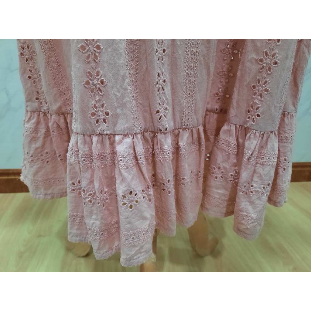 maxi dress เดรสยาวแขนสั้น ชมพู ลายฉลุ งานป้าย hiso hiso Size M มือสอง ...