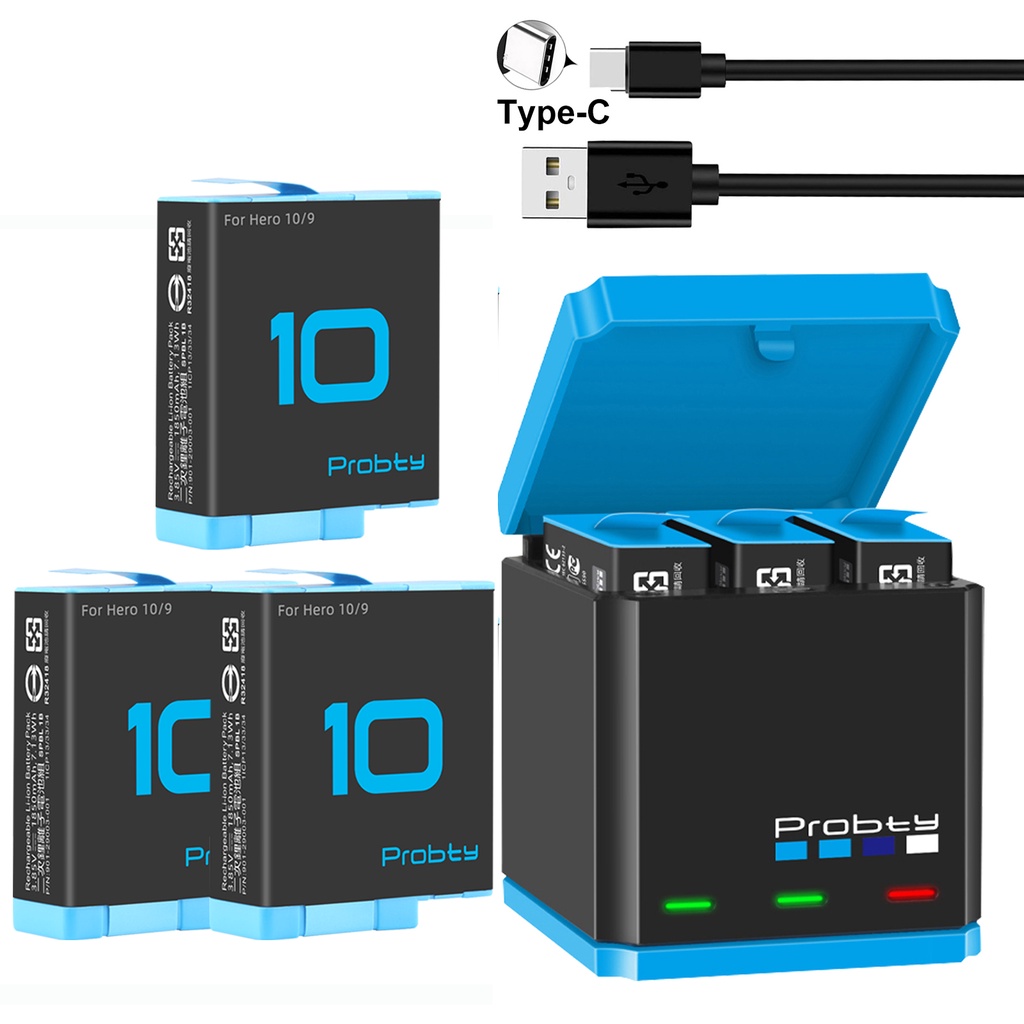 1850 mAh for GoPro Hero 10 9 3 Ways LED Light Battery Charger Battery ...