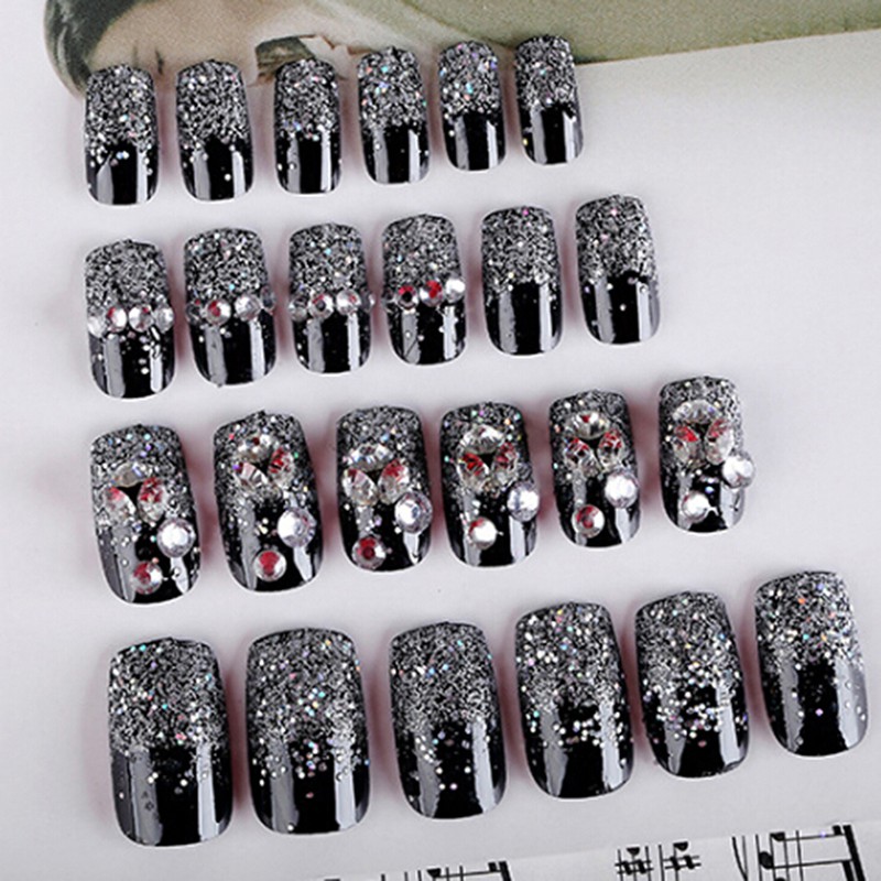 【purpleredto】24pcs Black French Nails Full Frame False Nail Tips Full