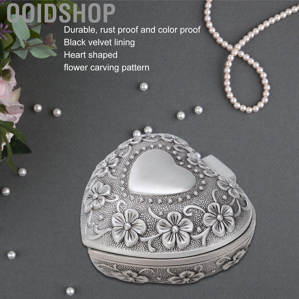 Ooidshop Heart Shaped Jewelry Box Retro Flower Carving Pattern Metal ...