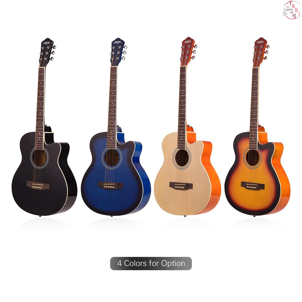 ♫40inch Cutaway Acoustic Folk Guitar 6 Strings Basswood with Strap Gig ...