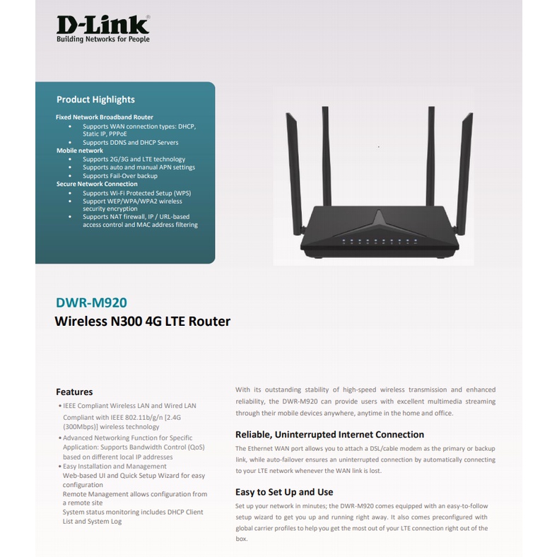 ประกัน 3 ปี D-Link DWR-M920 Wireless N300 4G LTE Router เราเตอร์ใส่ซิม ...