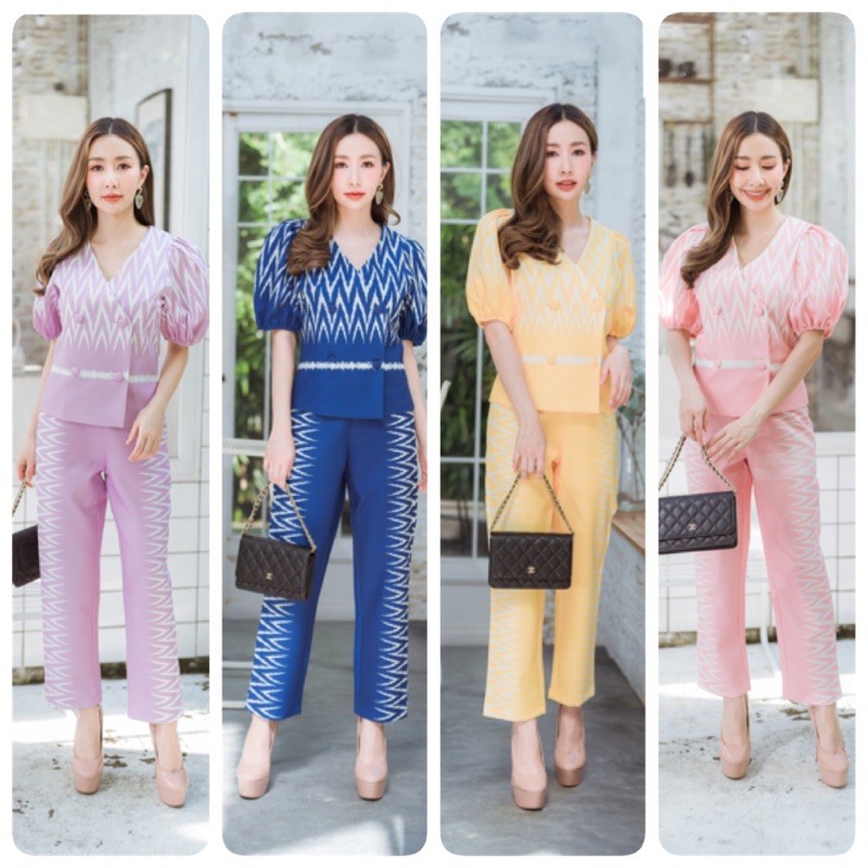 V003 เซ็ทเสื้อและกางเกงผ้าไหมพิมพ์ลายไทย Vivalabrand Thaipick