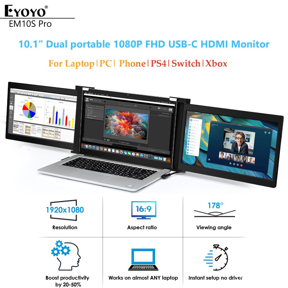 Eyoyo 10" Dual Portable Gaming Monitor IPS 1920x1080 USB C HDMI Display ...