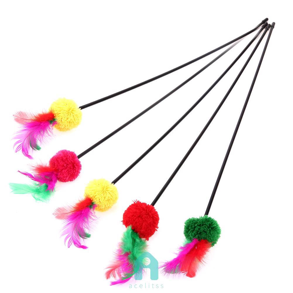 ACT☛5pcs Ultra Long Rod Pets Toy Fashion Cat Play Feather Teaser Small ...