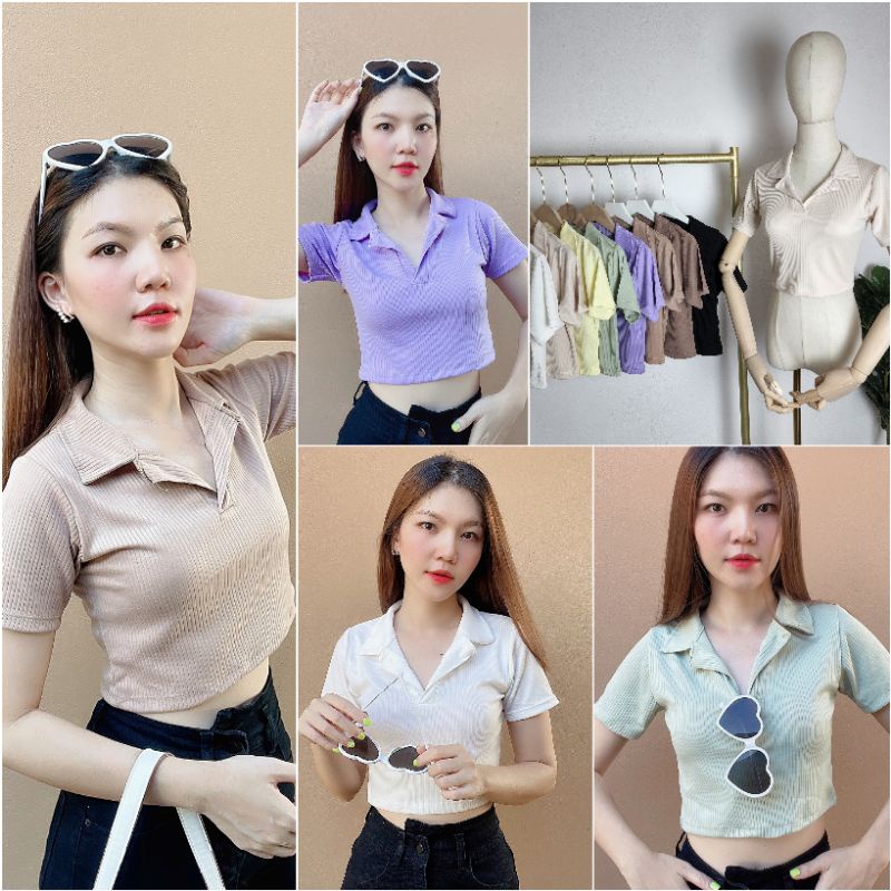 ส่งฟรีทั้งร้านเก็บโค้ดหน้าร้าน โปโลครอปผ้าร่องยืดเกรดดี เข้ารูป ปลีกส่ง ...