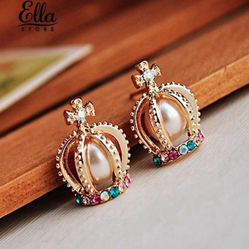 Graceful Princess Crown Cross Rhinestone Faux Pearls Ear Stud ...