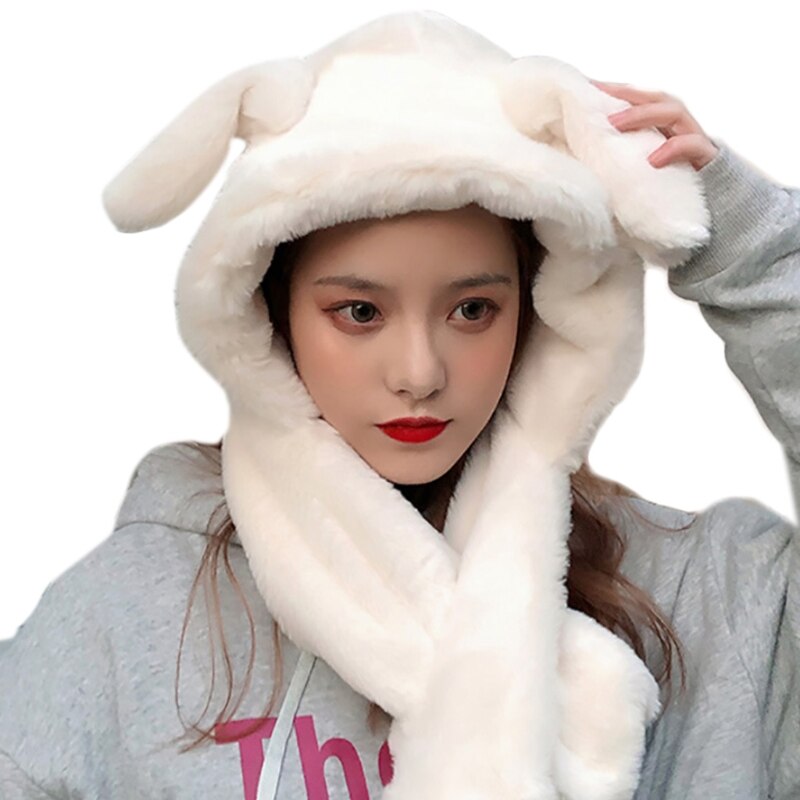 Bunny Fluffy Plush Earflap Hat with Moving Rabbit Ears Warm Beanie Cap ...