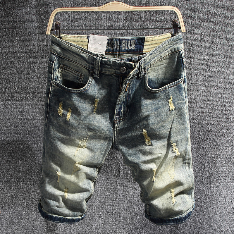 2020 new style retro perforated denim shorts mens fashion Capris slim ...
