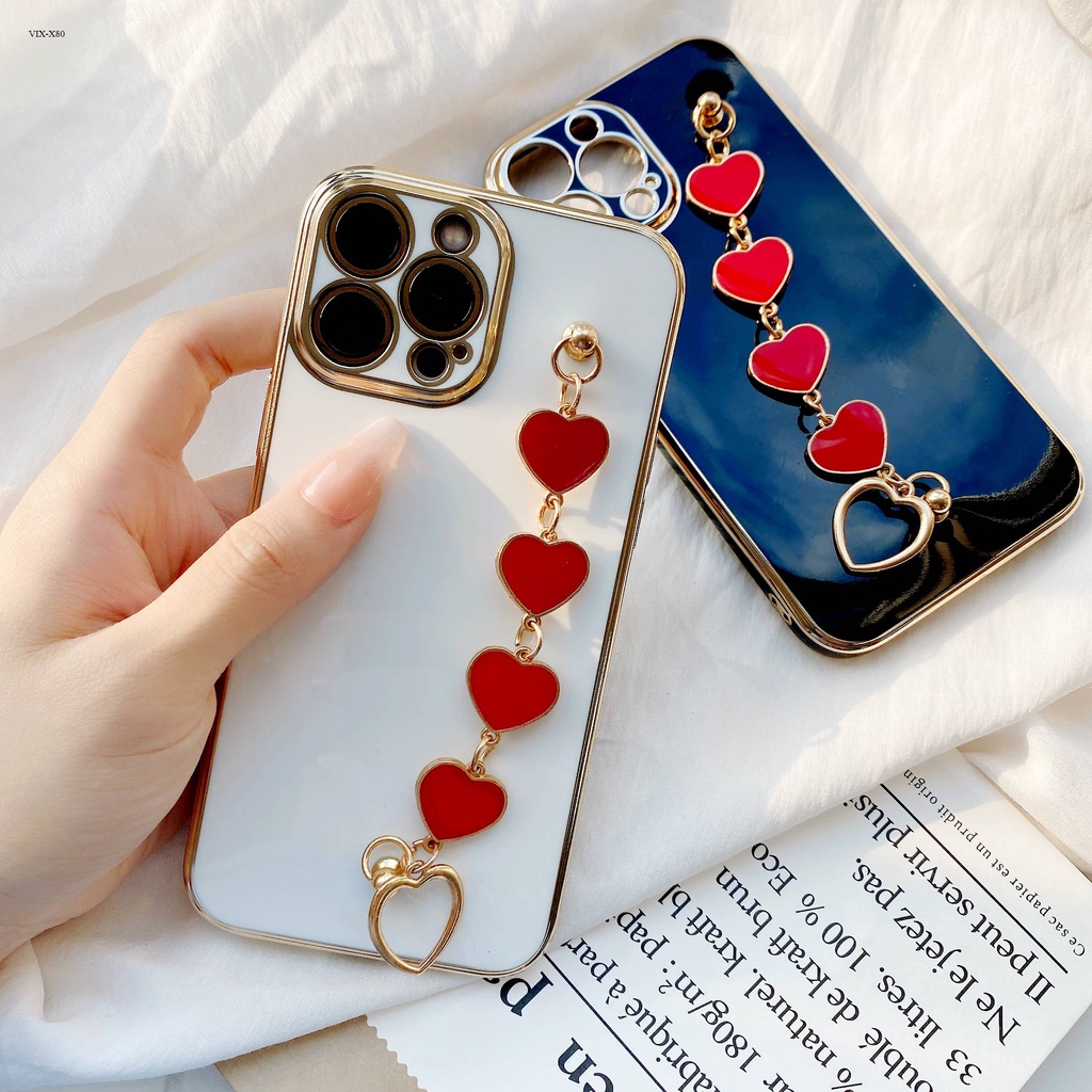 เคสโทรศัพท์มือถือ ลายหัวใจ สีแดง พร้อมสายคล้องมือ สําหรับ Vivo X80 X70