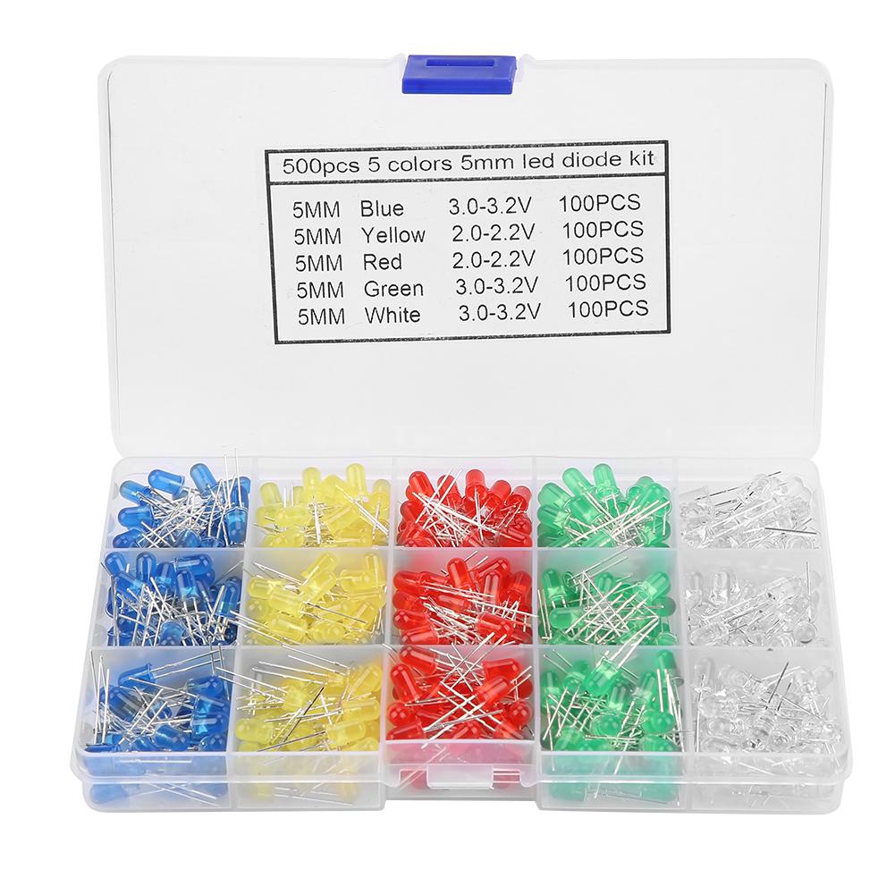 500pcs 5mm LED Light Red Yellow Blue Green White Assortment Diodes Kit ...