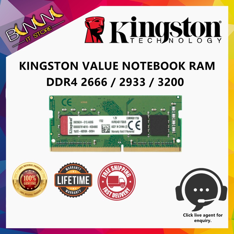 Kingston SODIMM DDR4 2400Mhz/2666Mhz/3200Mhz notebook Value Ram (4GB/8GB/16GB) similar to HYPERX ...