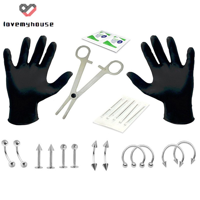20 Pcs/Set Piercing Kit Rings Needles Gloves Tools for Lip Nipple Belly ...
