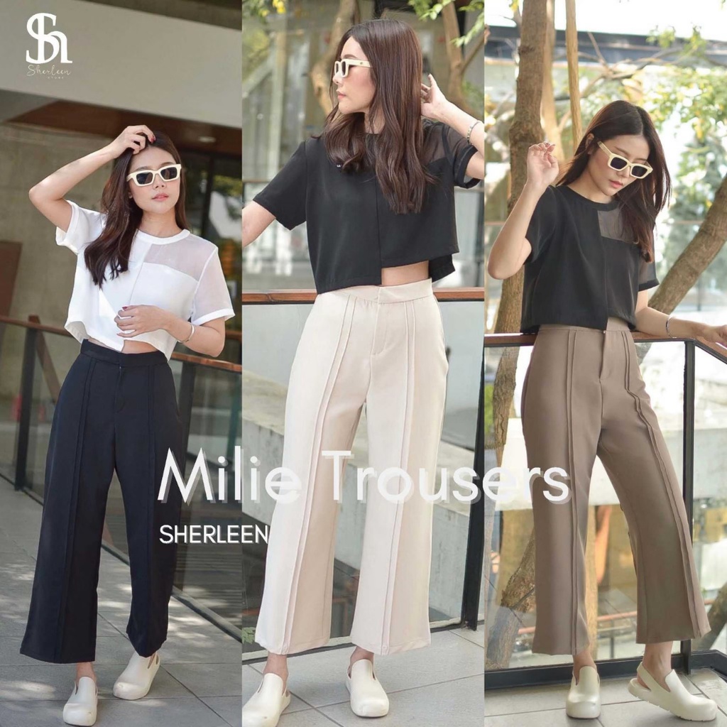 Milie trousers sherleen กางเกงขายาว 5 ส่วน ขาลอย ทรงกระบอก เอวสูง ...