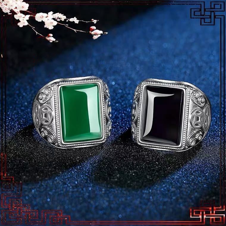จัดส่งฟรี 925เงินสเตอร์ลิงอาเกตธรรมชาติ Hetian หยกครอบงำชายแหวนสดปาก ...