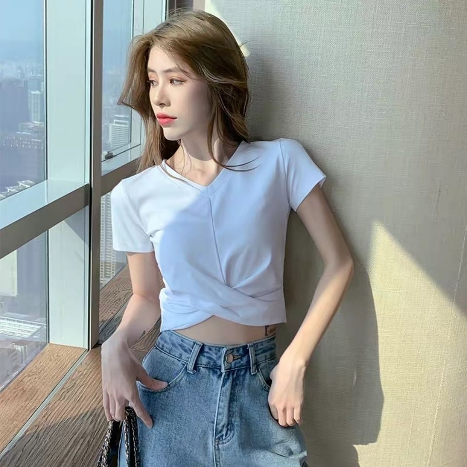 Yigui เสื้อยืดแขนสั้น เอวสูง เข้ารูป เข้ากับทุกการแต่งกาย แฟชั่นฤดูร้อน ...