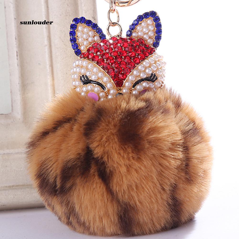 SNLD_Fox Rhinestone Leopard Print Faux Fur Ball Pendant Women's ...