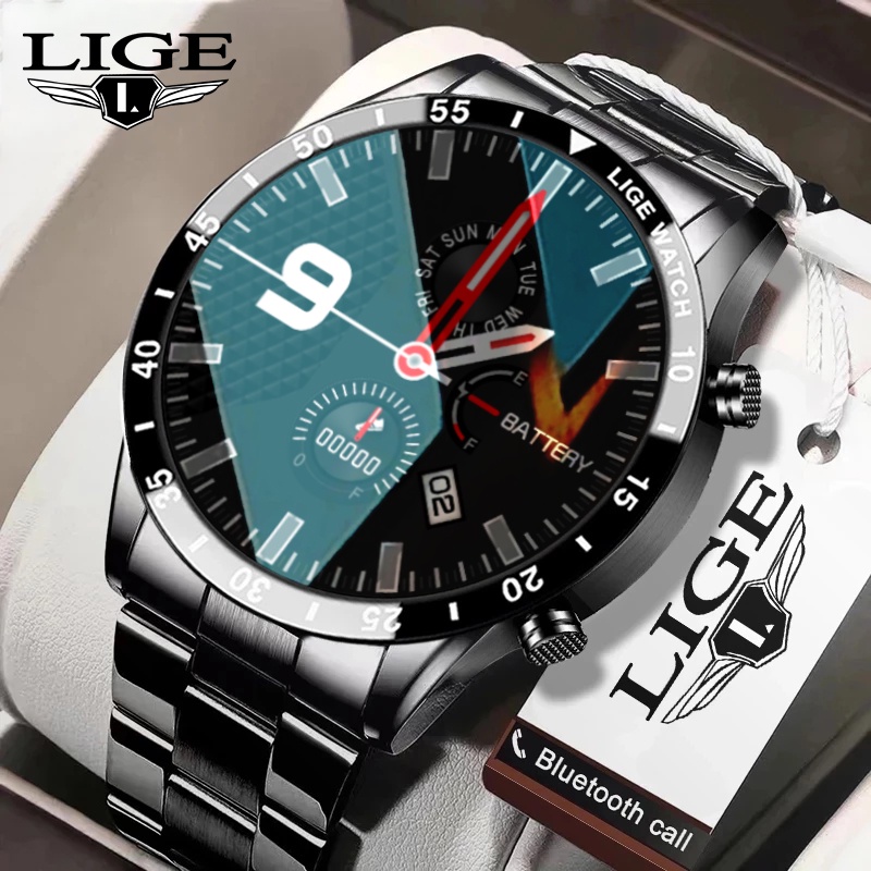 LIGE สมาร์ทวอทช์สำหรับผู้ชายหน้าจอสัมผัสเต็มรูปแบบกีฬา IP67 บลูทูธ ...