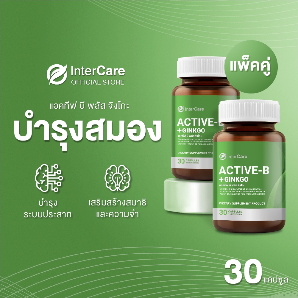 แพ็คคู่ InterCare Active-b plus Ginkgo อาหารเสริมบำรุงสมอง ความจำ สกัดจากใบแปะก๊วย วิตามินบีรวม ...