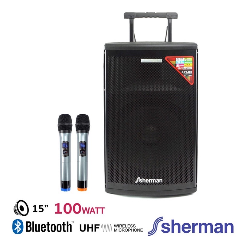SHERMAN SPEAKER APS-115 ลำโพงบลูทูธ มีล้อลาก ขนาด 15 นิ้ว 100 วัตต์ USB Bluetooth active speaker ...