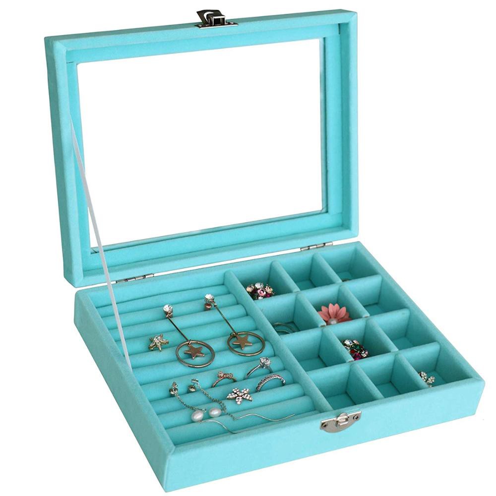 Women Clear Lid Velvet Multifunction Jewelry Tray Showcase Display ...