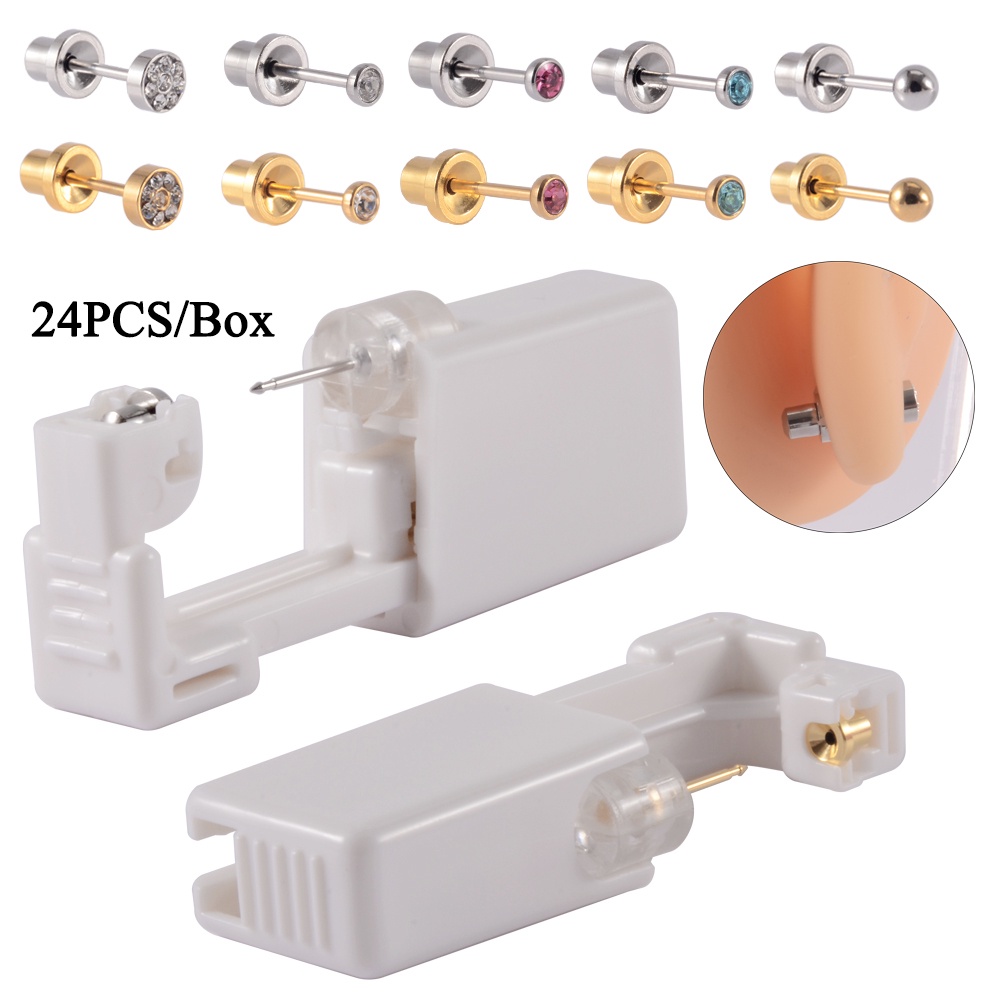 24PCSBox Disposable Safety Kids Ear Piercing Device Bezel Crystal Studs ...