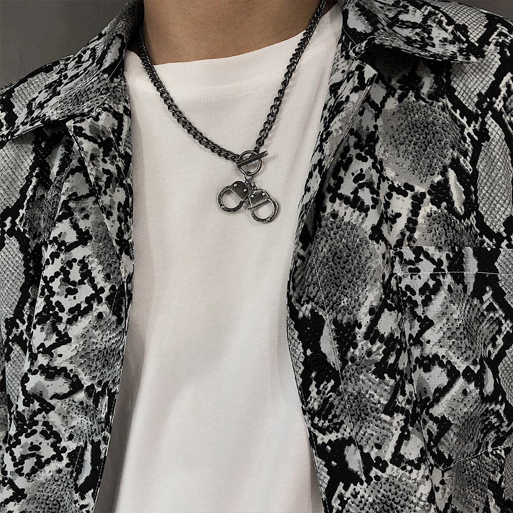 Hong Kong style retro handcuffs pendant necklace bungee hip-hop ...