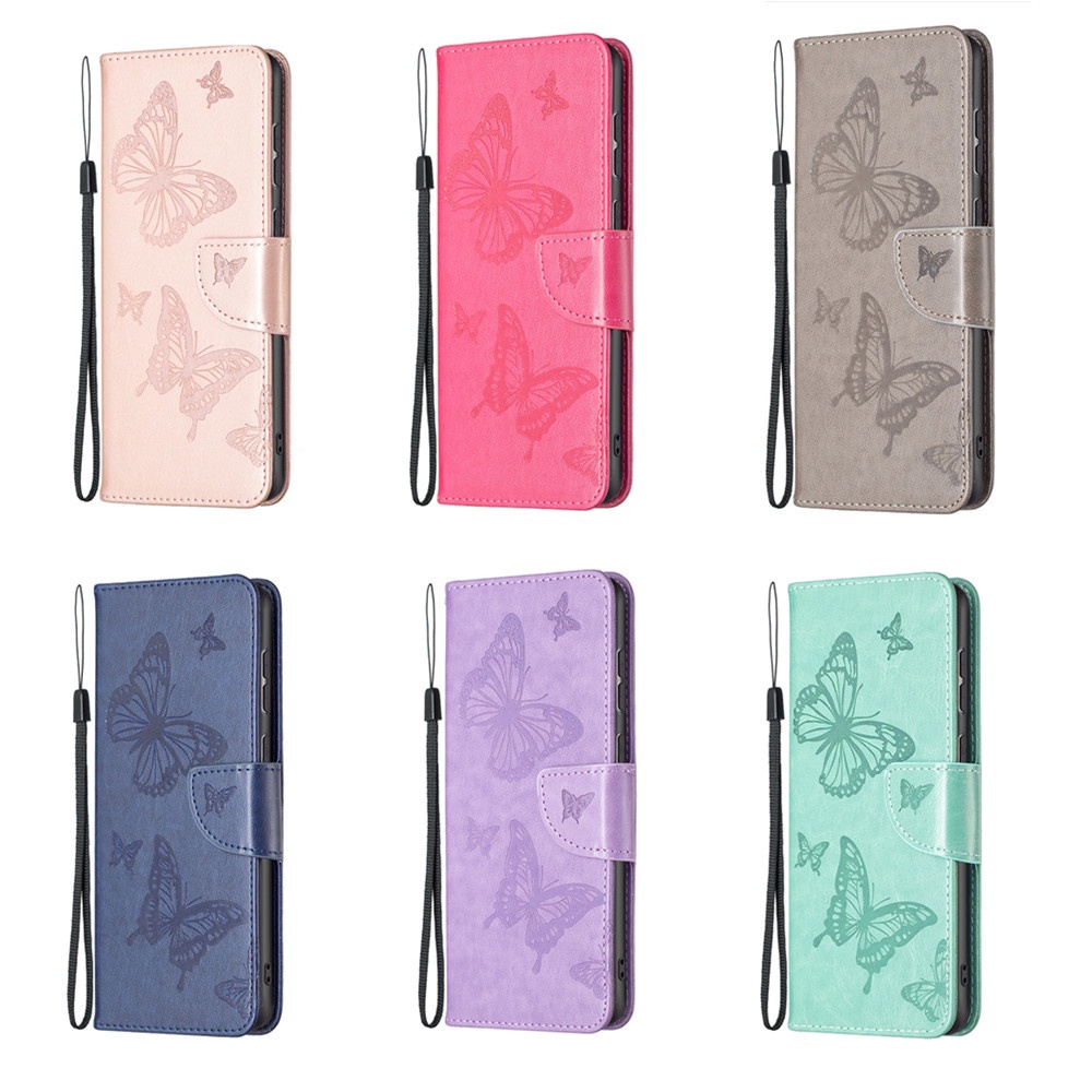 เคสโทรศัพท์หนัง Pu ฝาพับ ลายผีเสื้อนูน พร้อมช่องใส่บัตร และสายคล้องมือ
