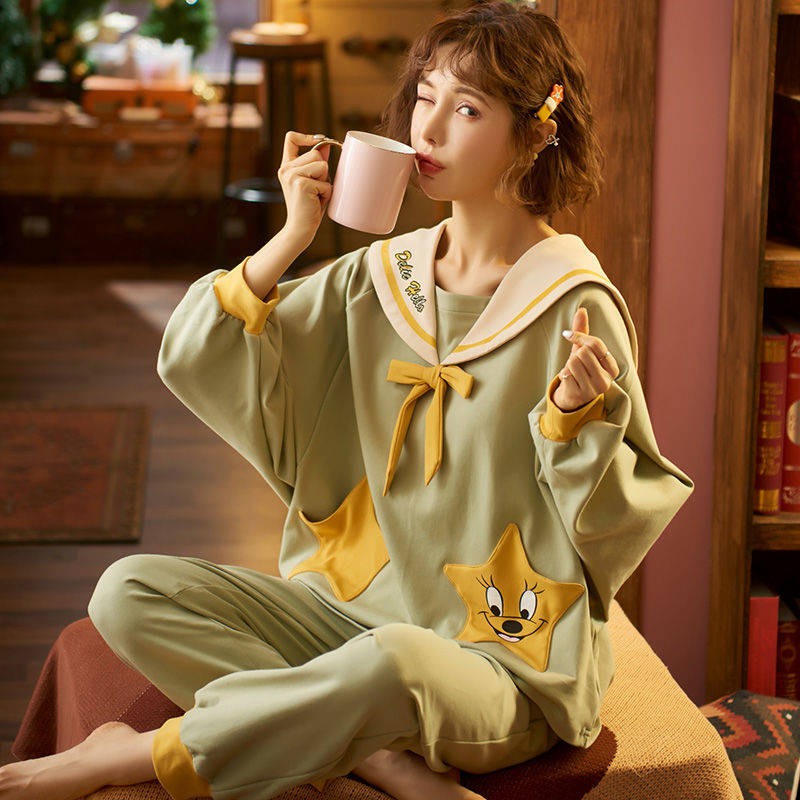ชุดนอน ชุดนอนด้าย Pajamas New Female Spring And Autumn Long Sleeved