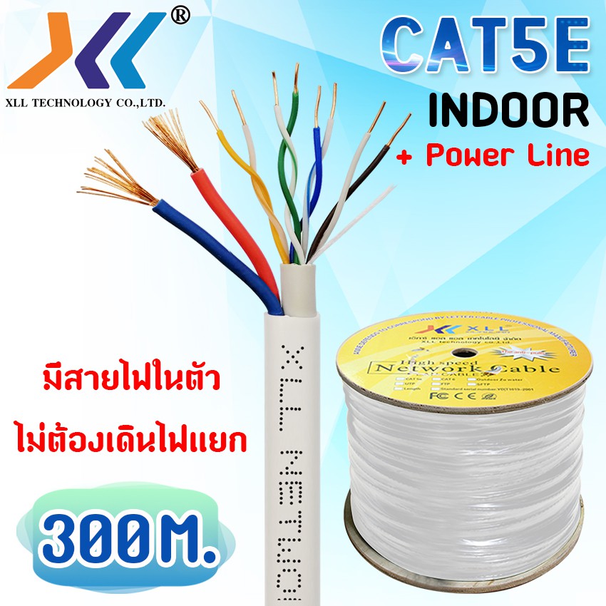 Lan cable สายเเลน CAT5E ไฟ สลิง (Power line Steel wire) ความยาว 300 ...