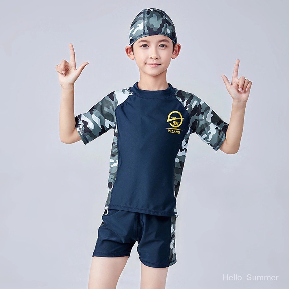 ins 3pcs Sets Swimming Suits 7-14Y Boys Swimsuits Kids Camouflage Army ...