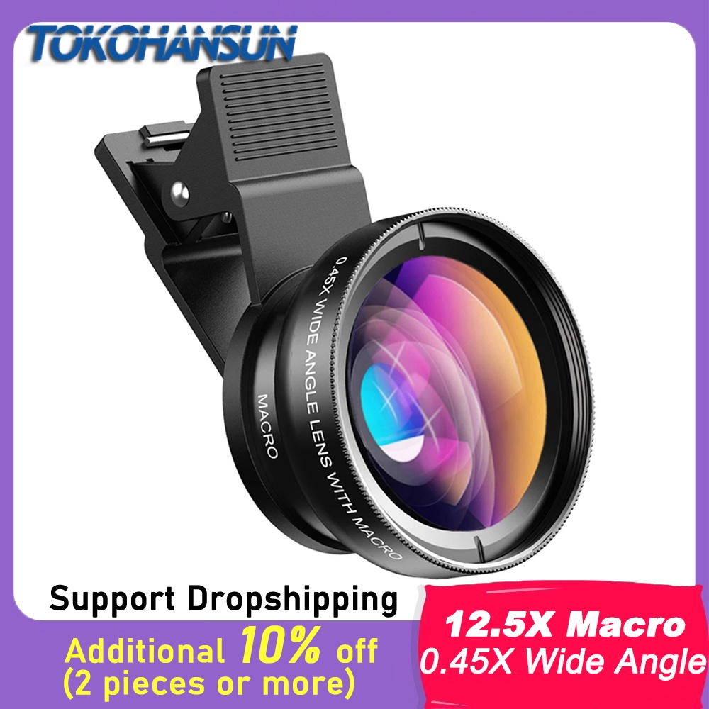 เลนส์กล้อง 2 IN 1 Phone Lens Kit 37mm 0.45x 49uv Super Wide Angle + 12.5x Super Macro Lens ...