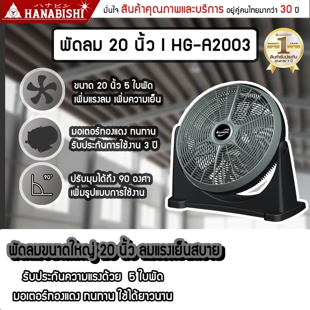 Hanabishi พัดลมอุตสาหกรรม HG-A2003 ขนาด 20 นิ้ว พัดลมตั้งพื้น ฮานาบิชิ ...