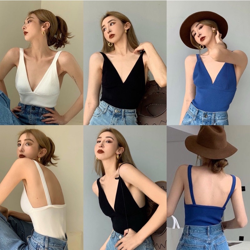 littlesoulmate เสื้อสายเดี่ยวเว้าอก คอวี โชว์หลัง ผ้าไหมพรมเนื้อนิ่ม งานoriginalจากโรงงาน(vevee ...