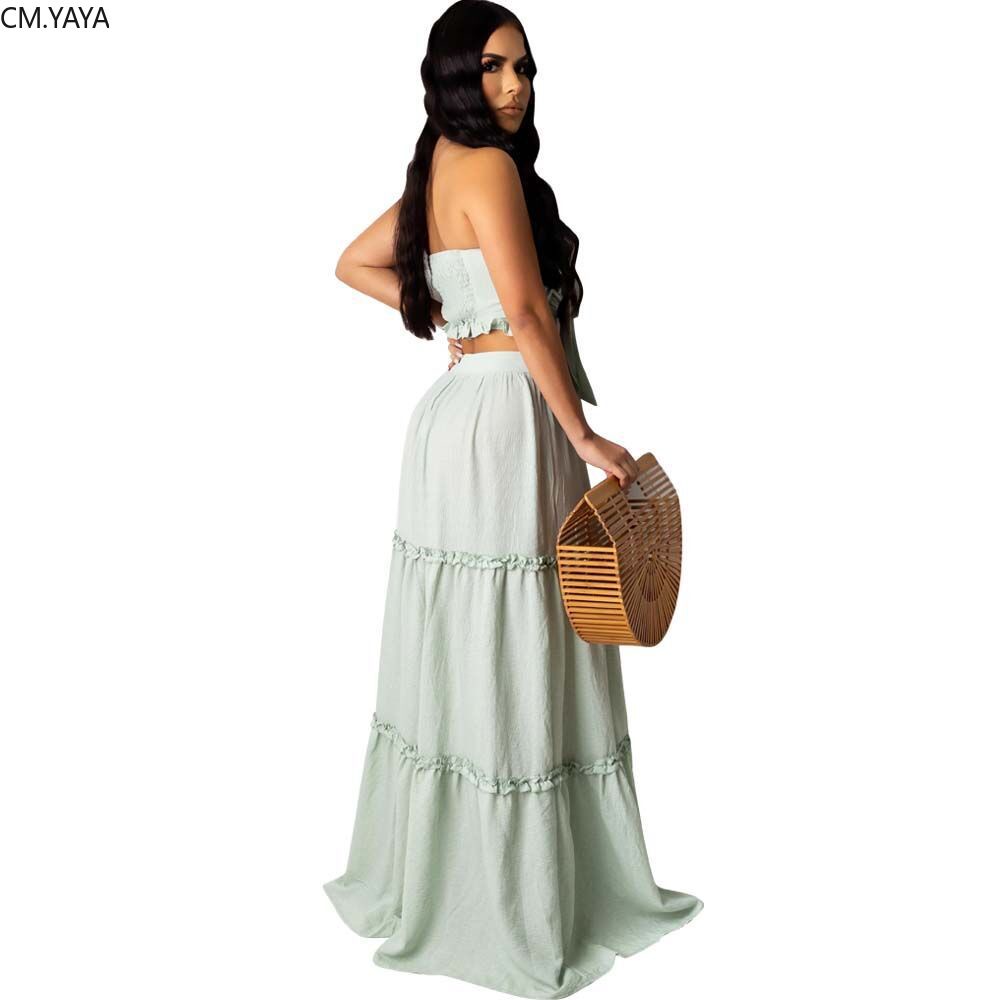 CM.YAYA Women Solid Beach Bohemian Maxi dress Bow Strapless Crop Top ...