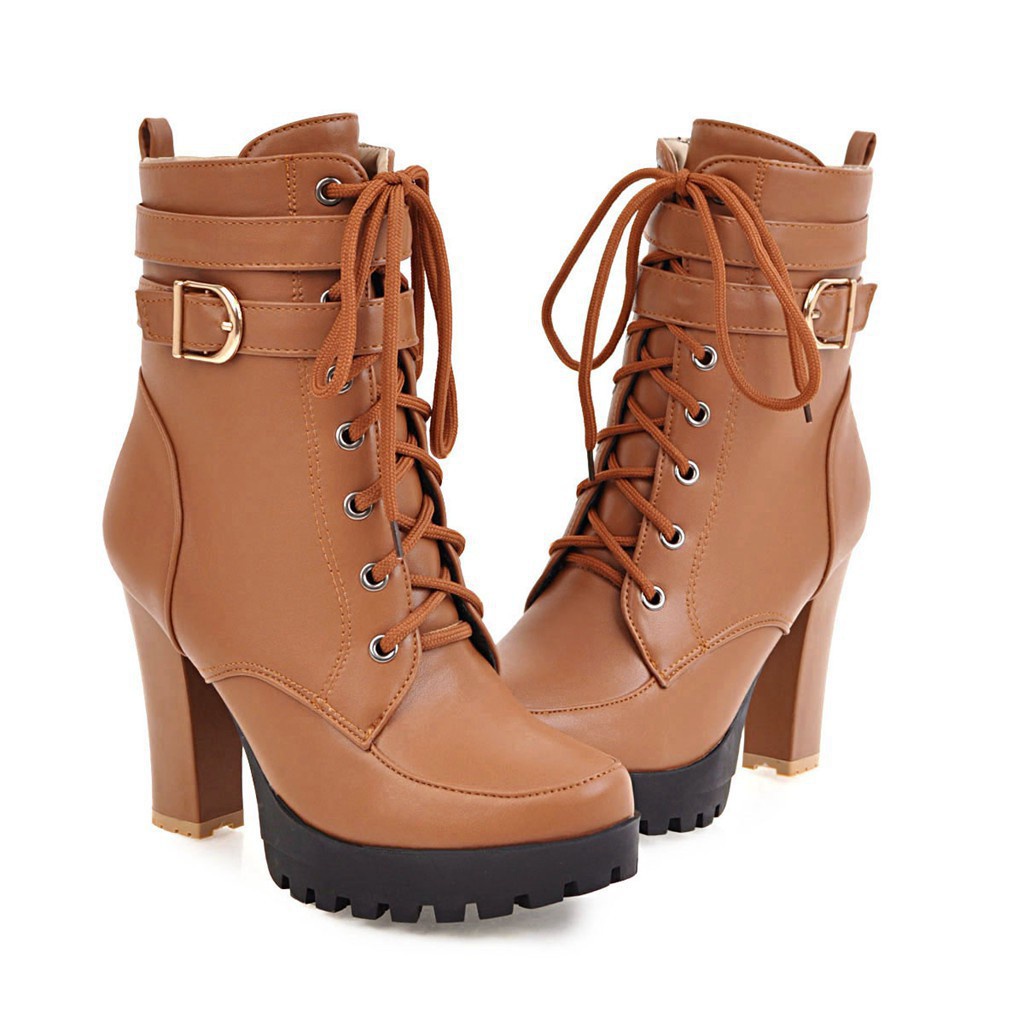 High Heels Women Ankle Boots Lace Up Fall Winter Platform Ladies Boots ...