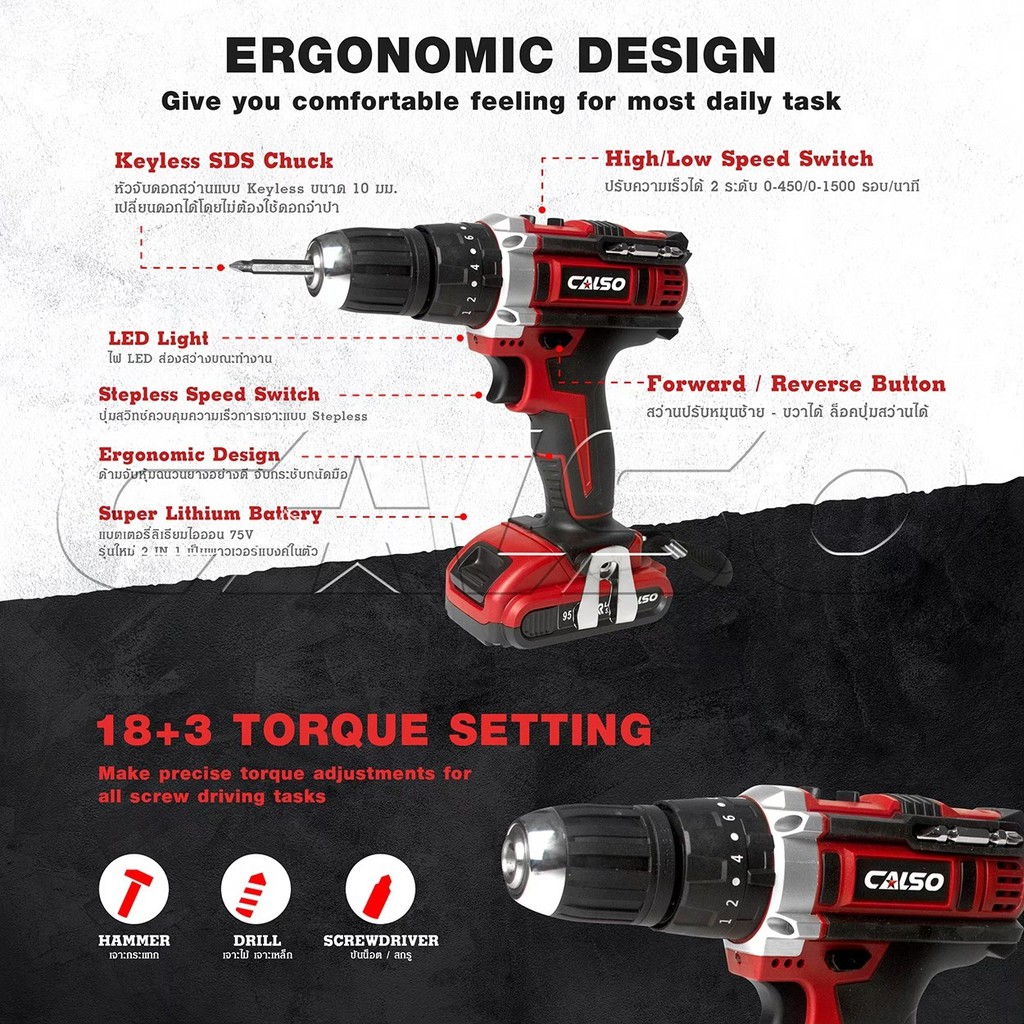 CALSO สว่านไร้สาย สว่านแบต 95 V 3 ระบบ โมเดลใหม่ทันสมัย เหน็บกระเป๋าได้ มีระบบกระแทก แบตเตอรี่ ...
