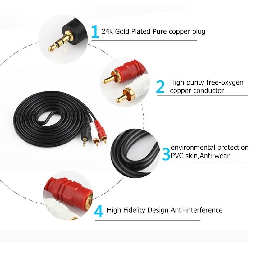Adapter สายลำโพง ยาว 1.5m 3.5mm Jack Aux to 2 RCA Audio Video Cable Stereo Y Splitter Cable AV ...