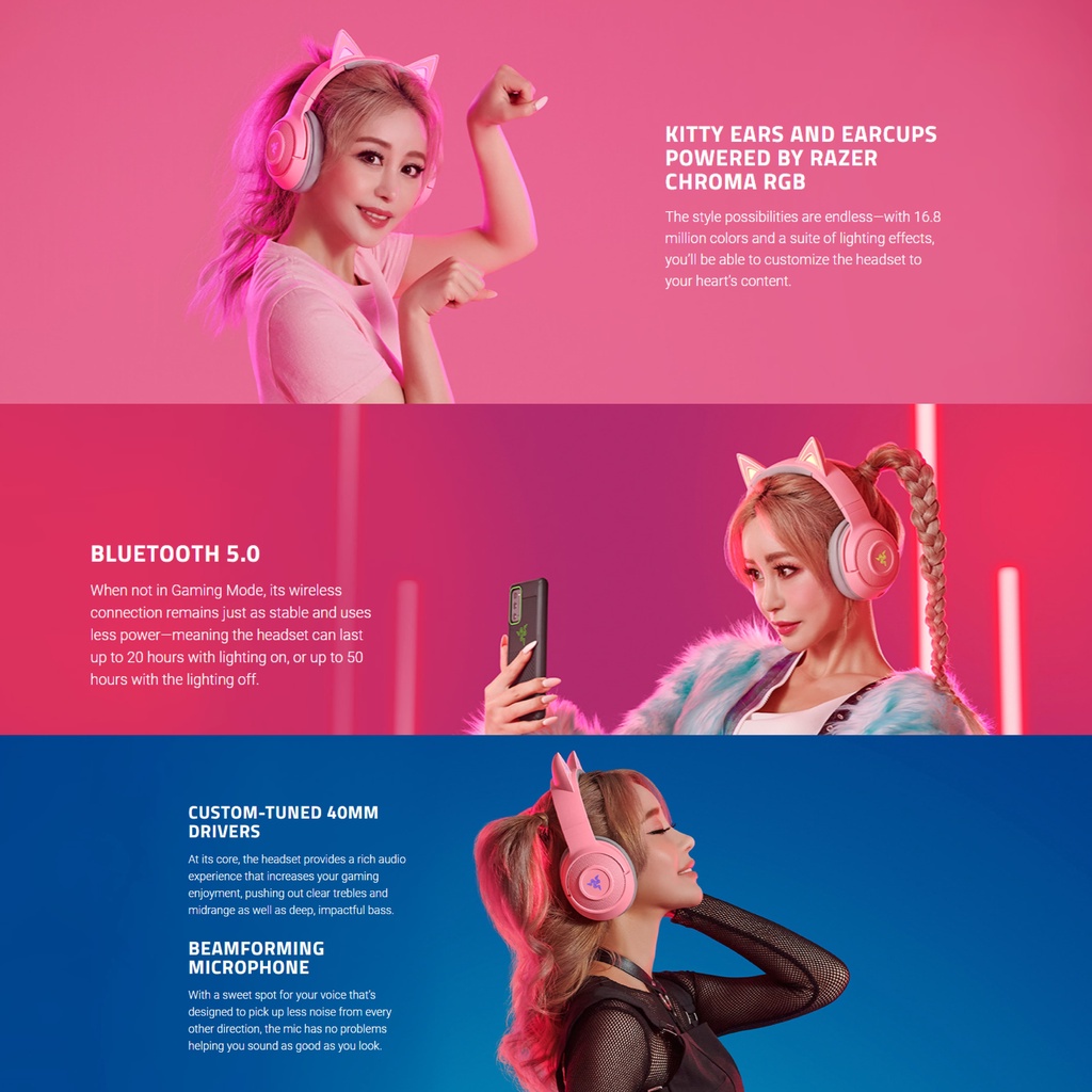 Razer รุ่น Kraken BT Kitty Eidetion Headset หูฟังไร้สายสำหรับมือถือ Androidios Bluetooth 5.0 ไฟ ...