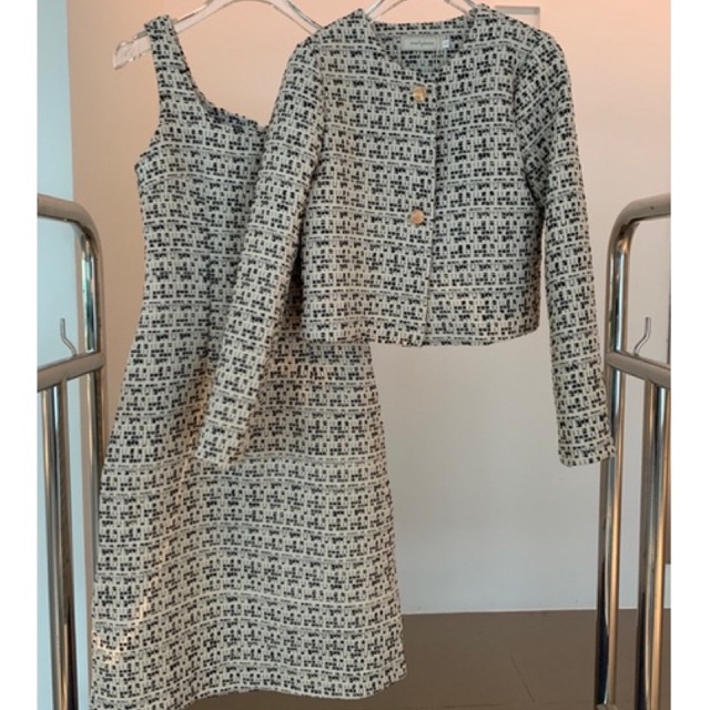 Vshop Set เดรสผ้าทวิต+ เสื้อคลุม ชุดใส่ทำงาน ชุดเรียบร้อย | Shopee Thailand