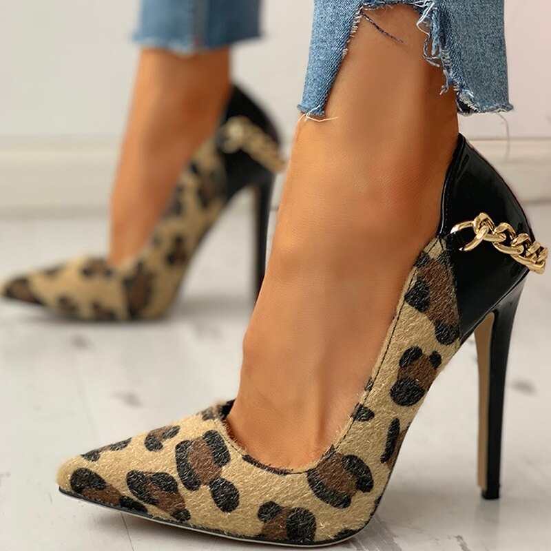Leopard Women Shoes Black High Heels Office Ladies Pumps Sexy Pointed ...