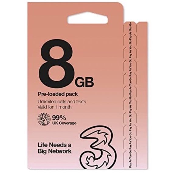 Europe sim card Three UK3 Pay As You Go ซิมยุโรป ทรี 8GB 25GB 50GB with ...