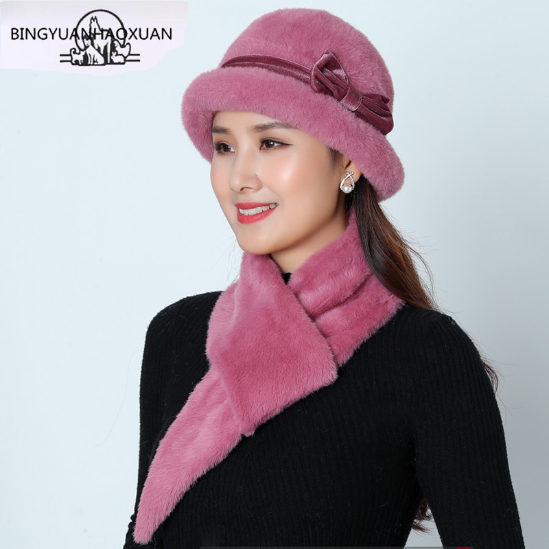 New Winter Hat Sets For Women Warm Knitted Skullies Rabbit Fur Beanies Solid Color Mink Plush ...