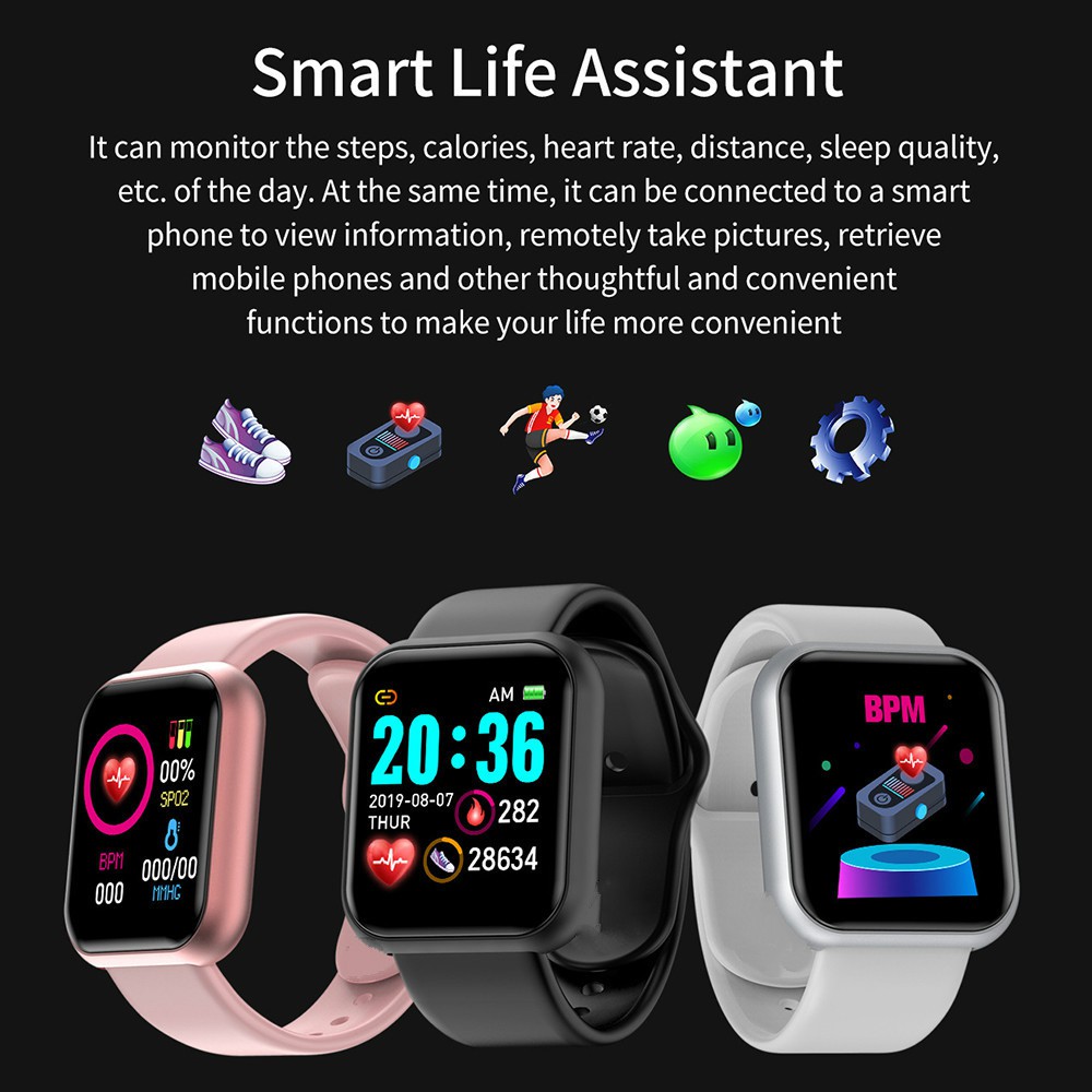 Y68 Smartwatch Men Women Heart Rate Blood Pressure Monitor Waterpoof ...